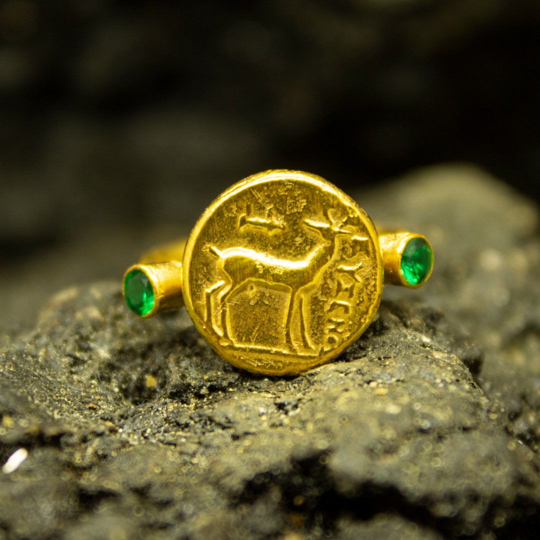 Historical Ancient Deer Coin Ring | 24K Gold Plated 925 Sterling Silver ...