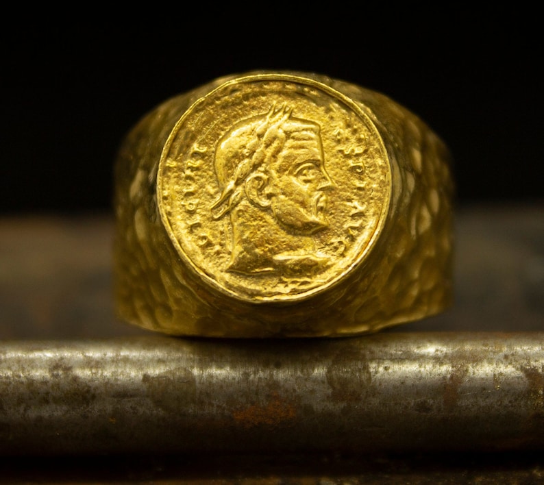 Ancient Roman Art Mens Signet Coin Ring 24K Gold Plated 925 Sterling ...
