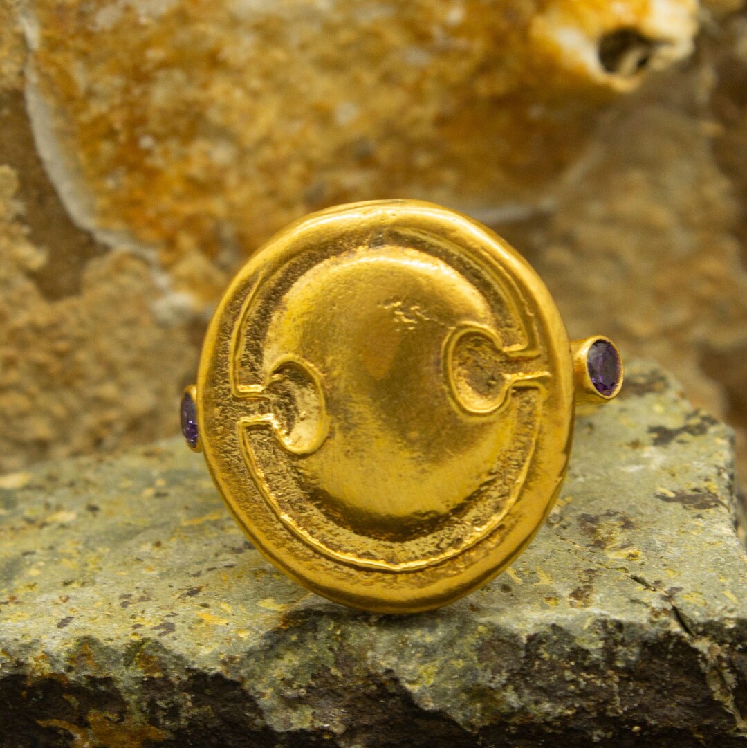Ancient Roman Greek Art Signed Coin Ring 24K Gold Plated 925 Sterling ...