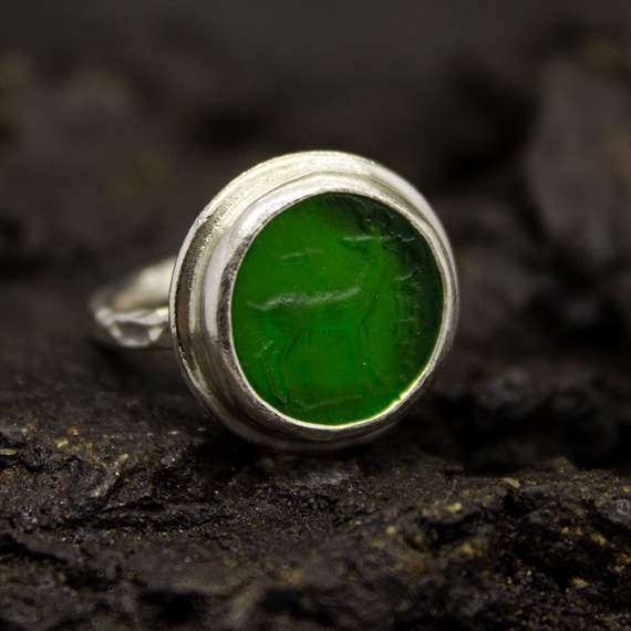 Ancient Greek Deer Intaglio Glass Ring 925 Sterling Silver | Etsy