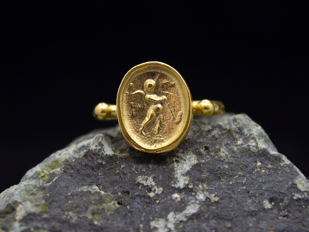 Guardian Angel Gold Ring | 24K Gold Plated | Roman Art Angel Medallion ...