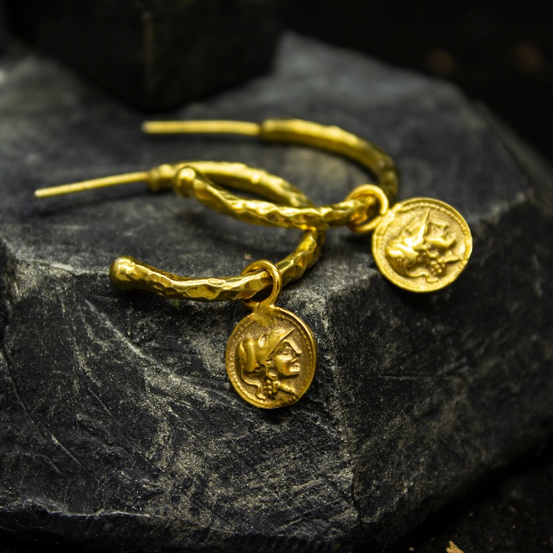 Ancient Greek Goddess Athena Charm Hoops Earrings 24K Gold - Etsy