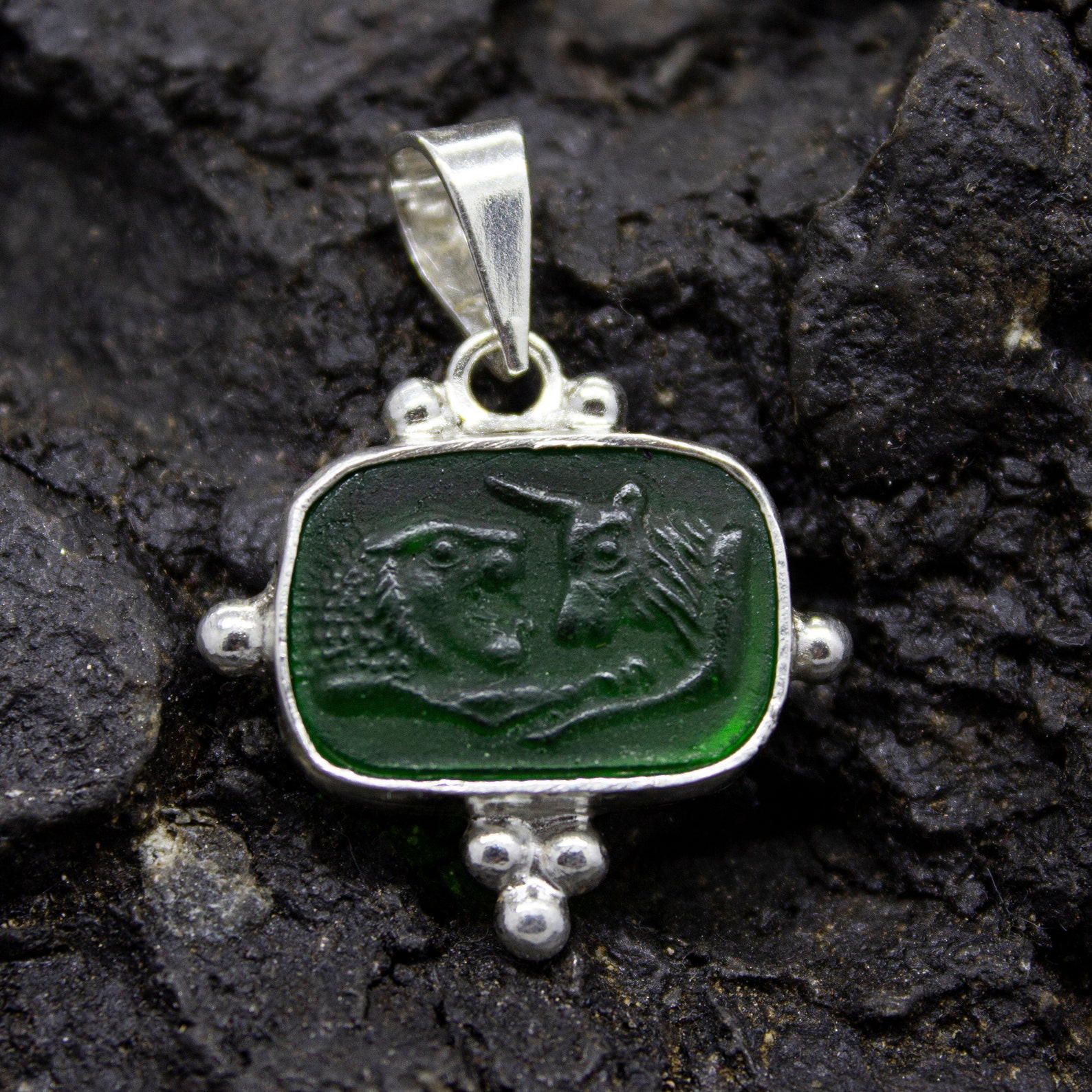 Green Glass Lydia Lion and Bull Intaglio Necklace | 925 Sterling Silver ...