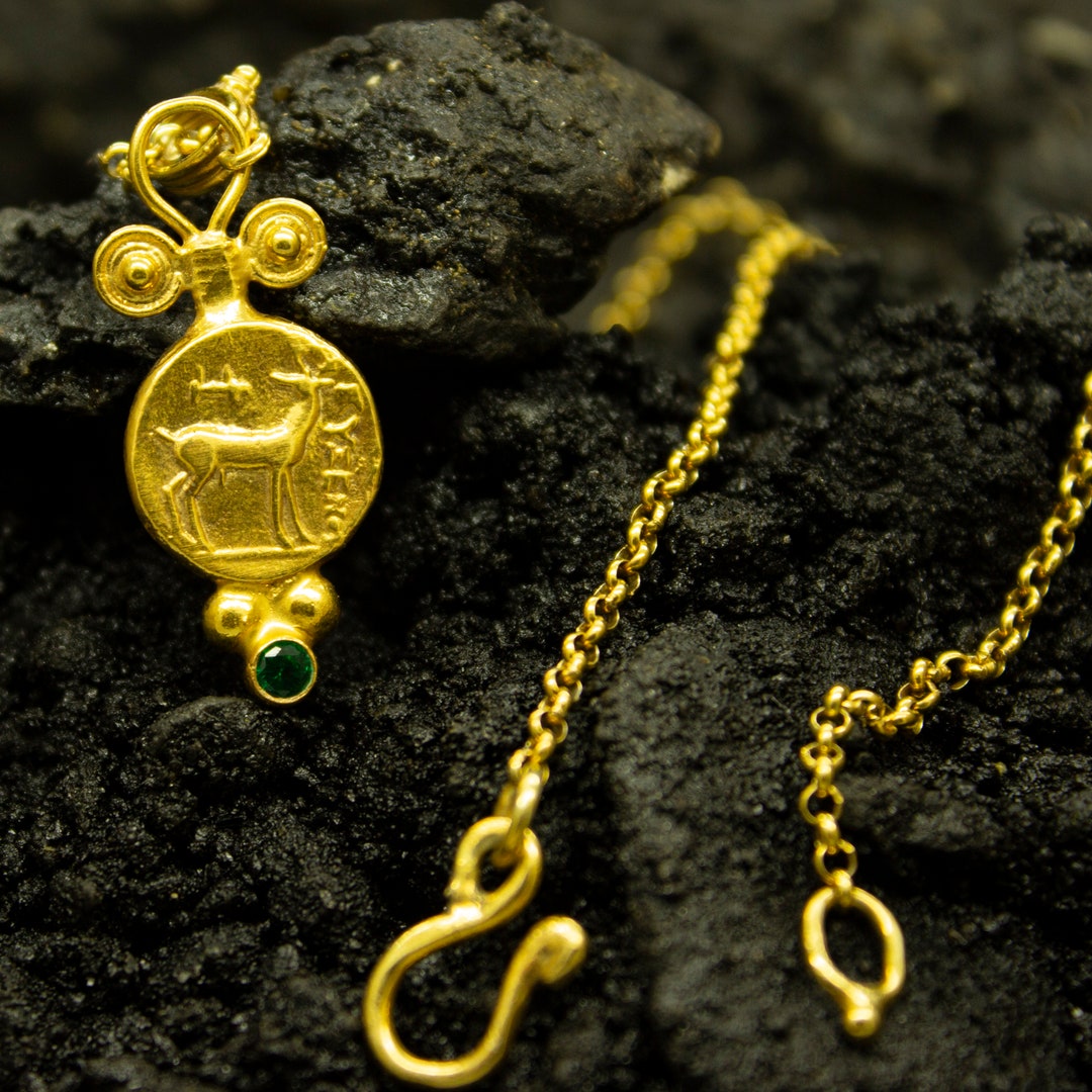 Greek Deer Coin Necklace | 24K Gold Plated 925 Sterling Silver ...