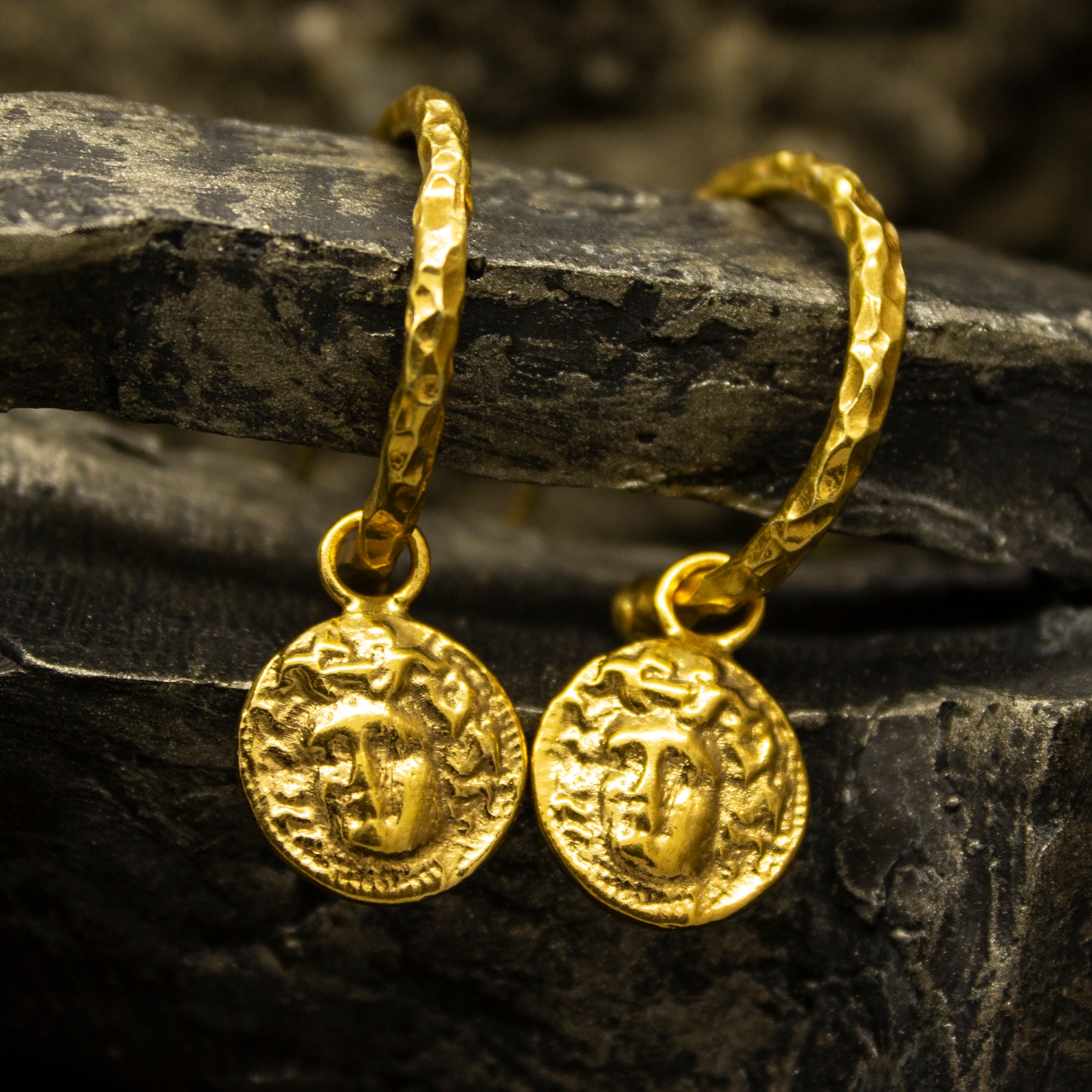 Ancient Medusa Charm Hoops Earrings | 24K Gold Plated 925 Sterling ...