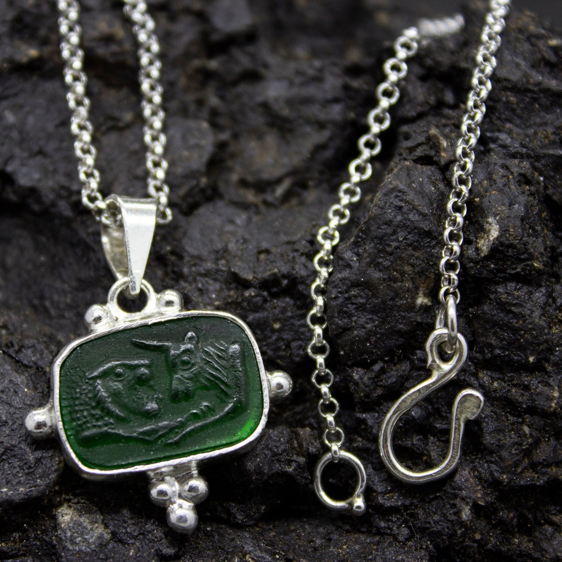 Green Glass Lydia Lion and Bull Intaglio Necklace | 925 Sterling Silver ...