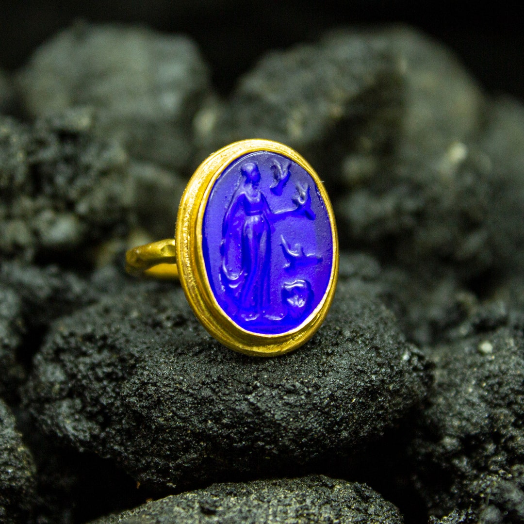 Greek Intaglio Glass Aphrodite Signet Silver Ring | 24K Gold Plated ...