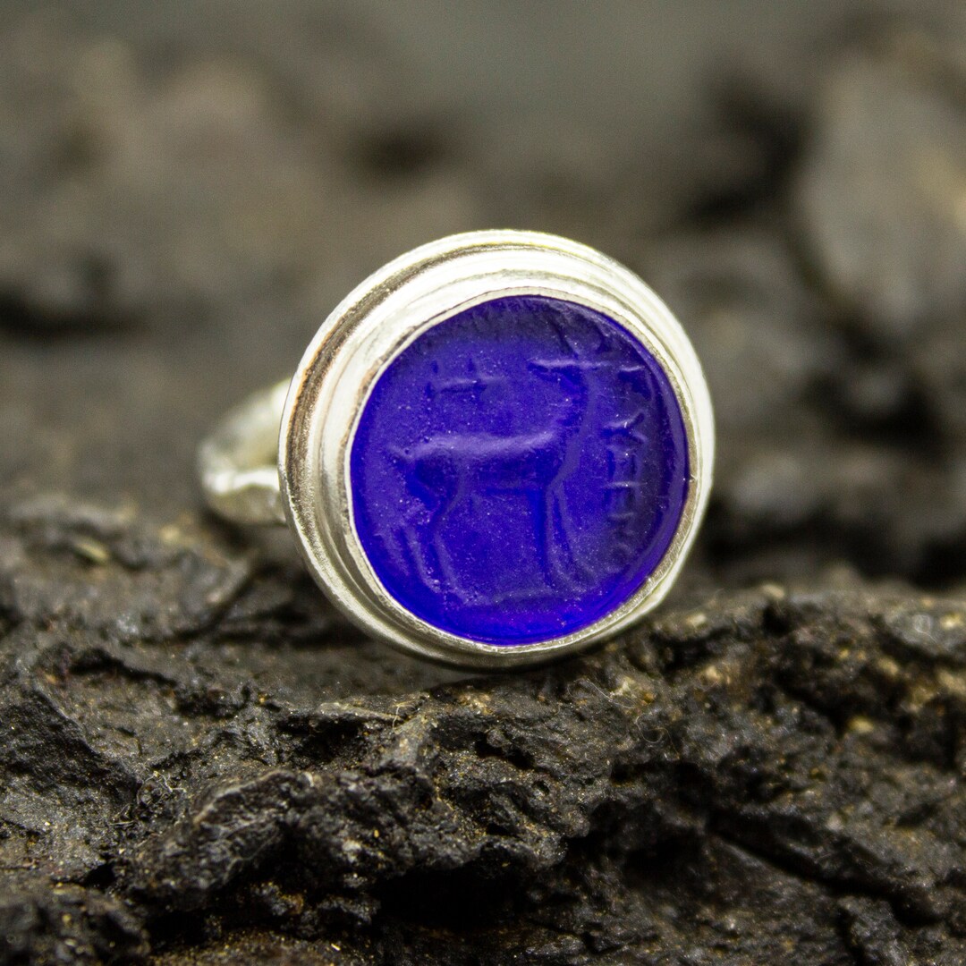 Historical Ancient Deer Intaglio Glass Ring | 925 Sterling Silver ...