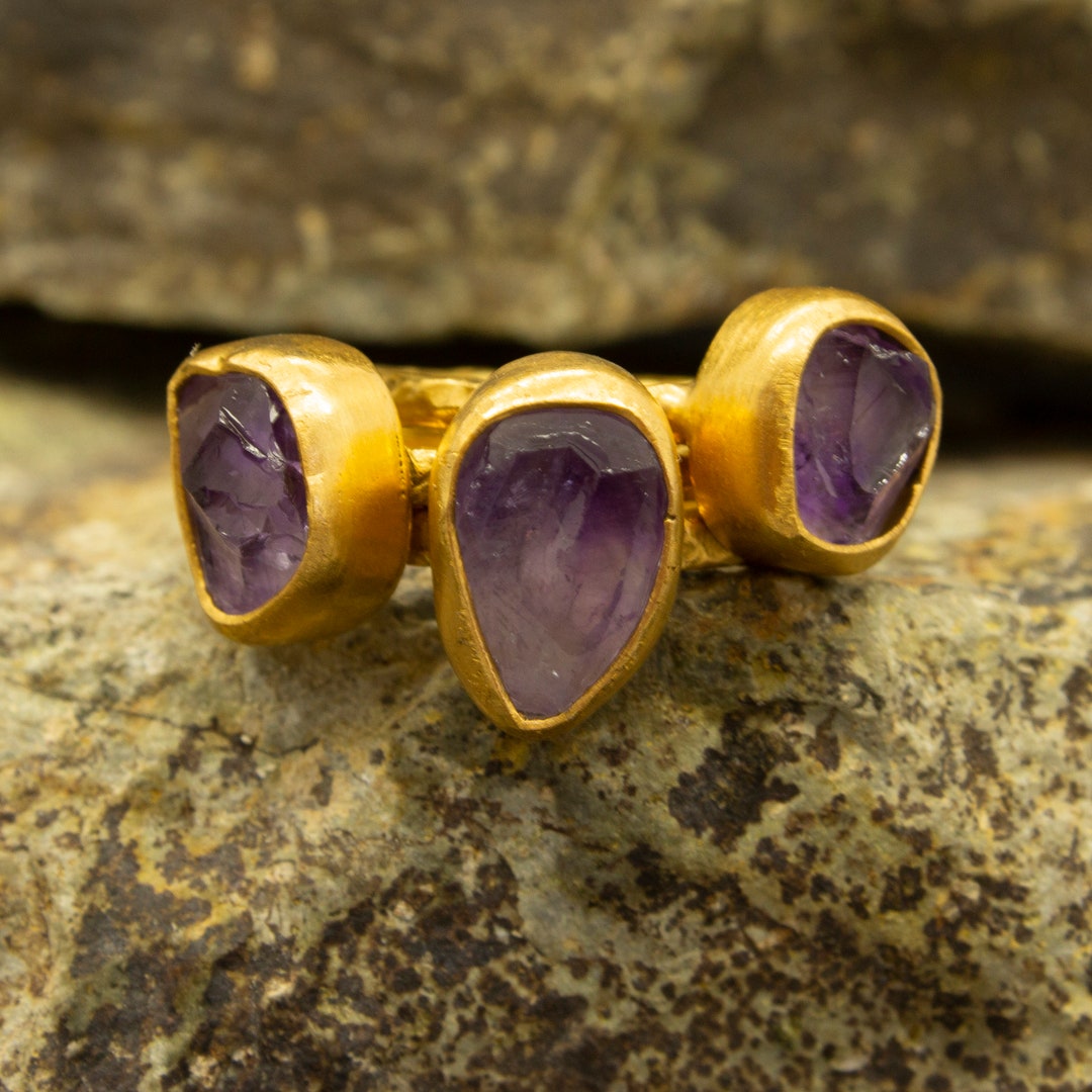 Set of Three Raw Amethyst Rings Hammered Ancient Raw Crystal Ring 24K ...