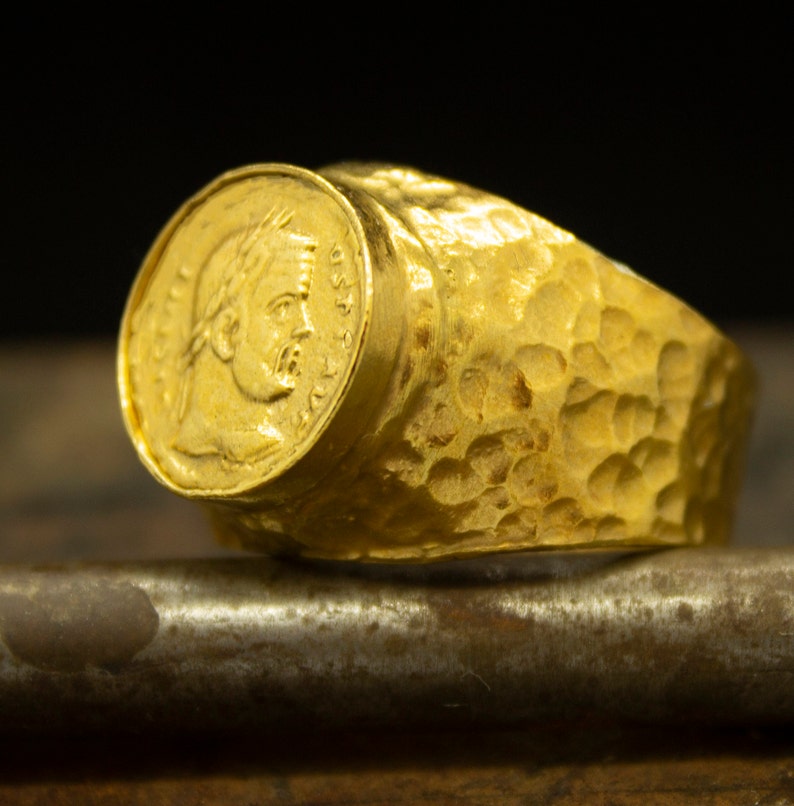 Ancient Roman Art Mens Signet Coin Ring 24K Gold Plated 925 Sterling ...