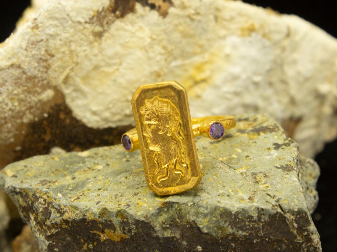 Ancient Roman Greek Art Signed Coin Ring 24K Gold Plated 925 Sterling ...