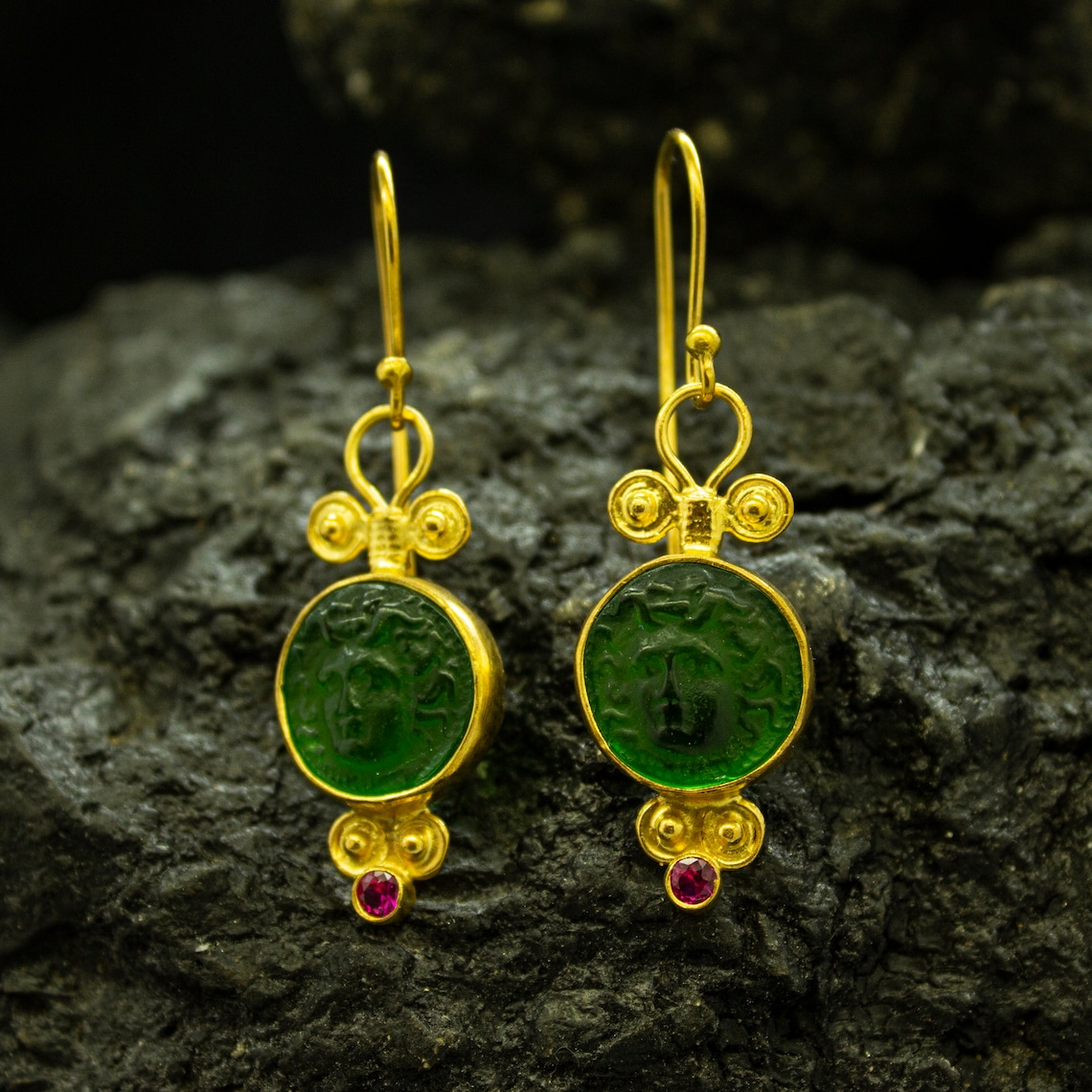 Greek Medusa Intaglio Venetian Glass Earrings | 925 Sterling Silver ...