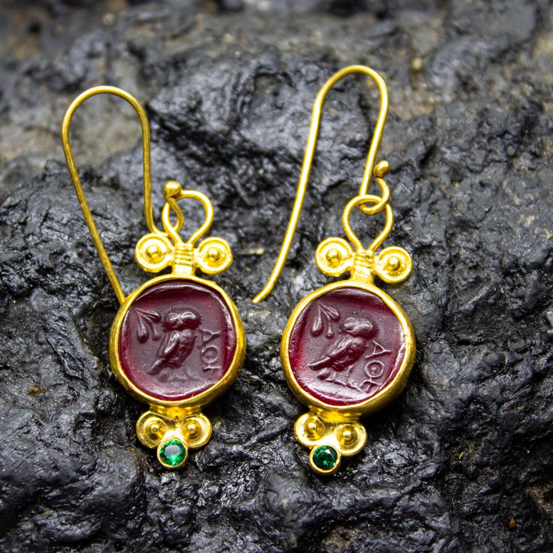 Intaglio Glass Ancient Earrings | 24K Gold Over 925 Sterling Silver ...