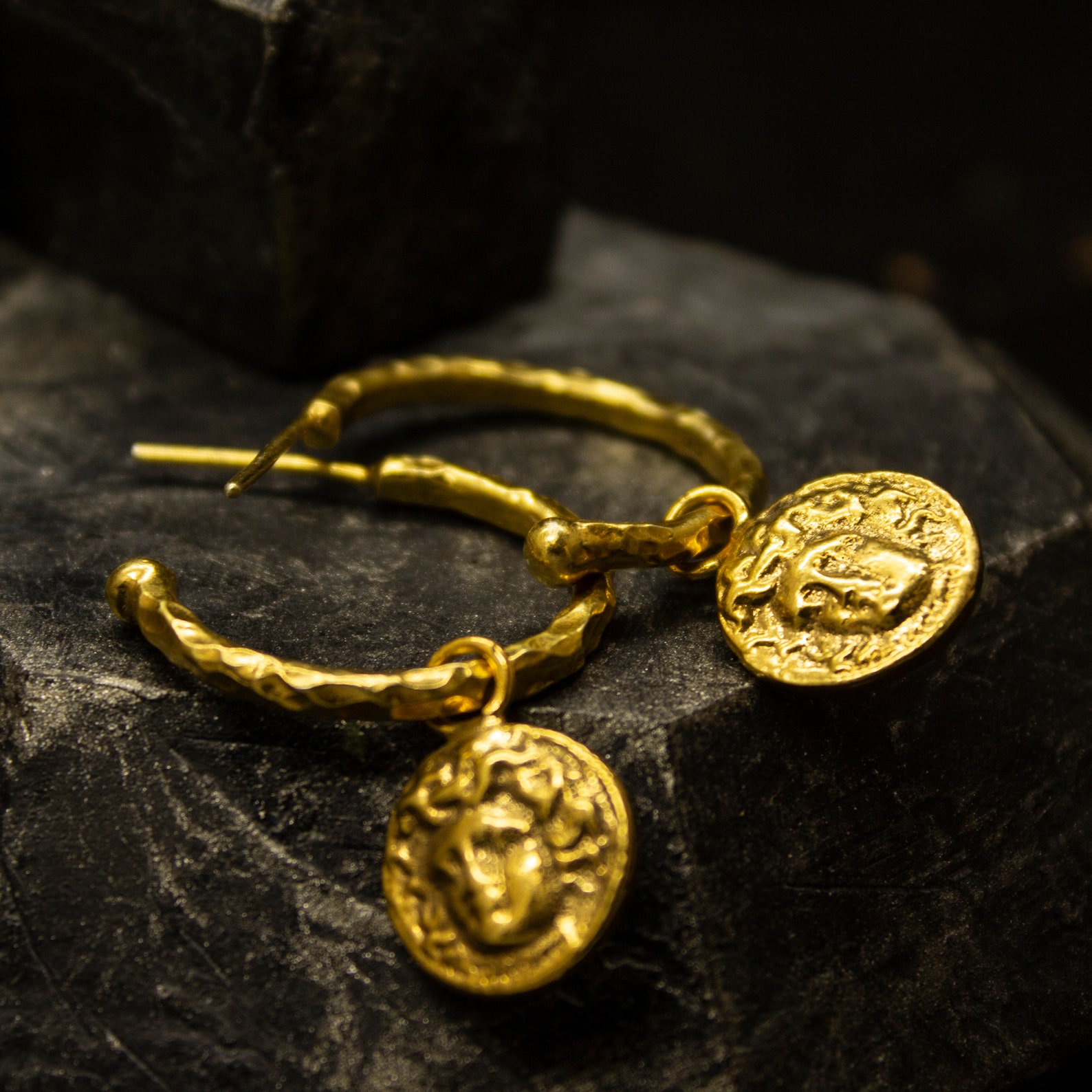 Ancient Medusa Charm Hoops Earrings | 24K Gold Plated 925 Sterling ...