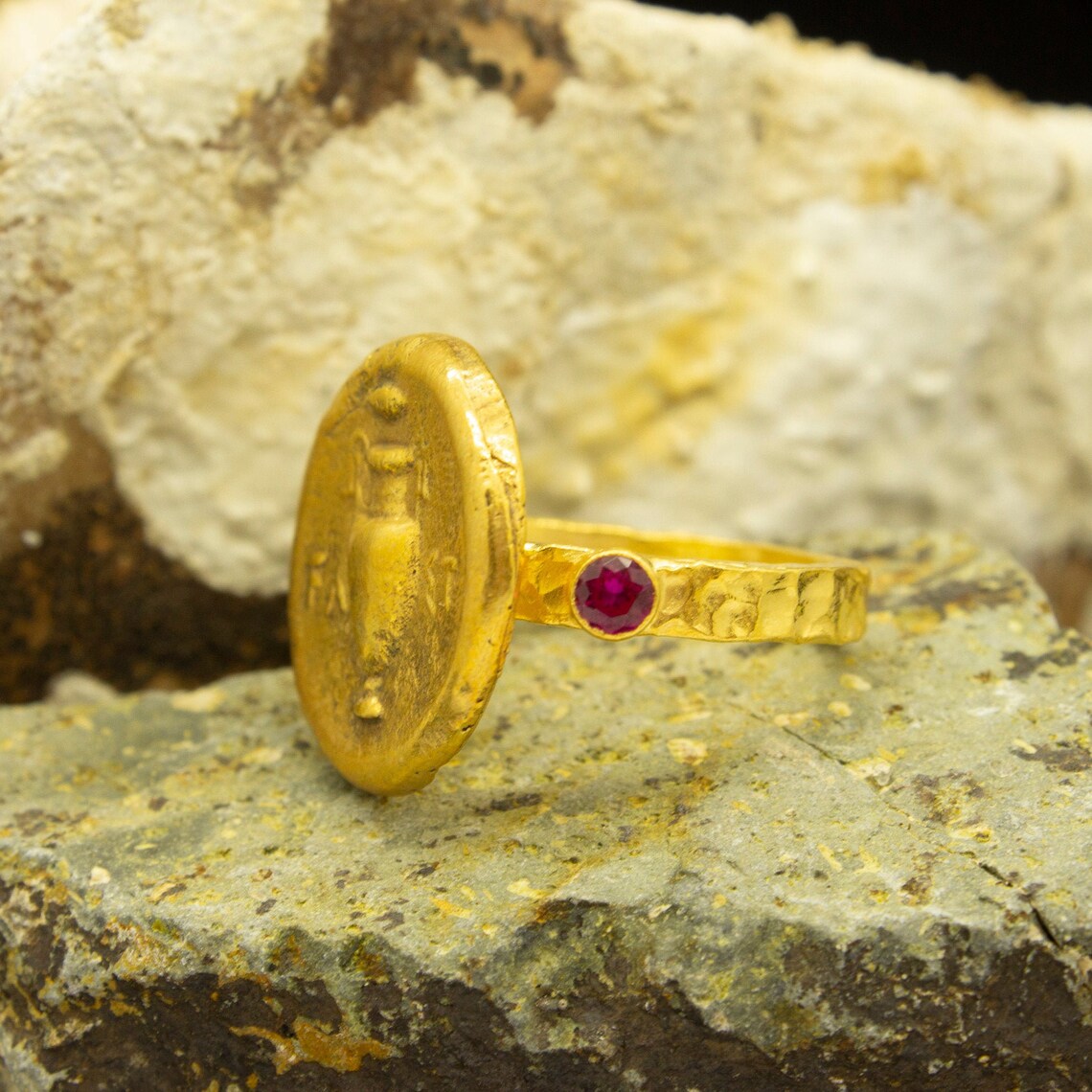 Ancient Roman Greek Art Signed Coin Ring 24K Gold Plated 925 Sterling ...