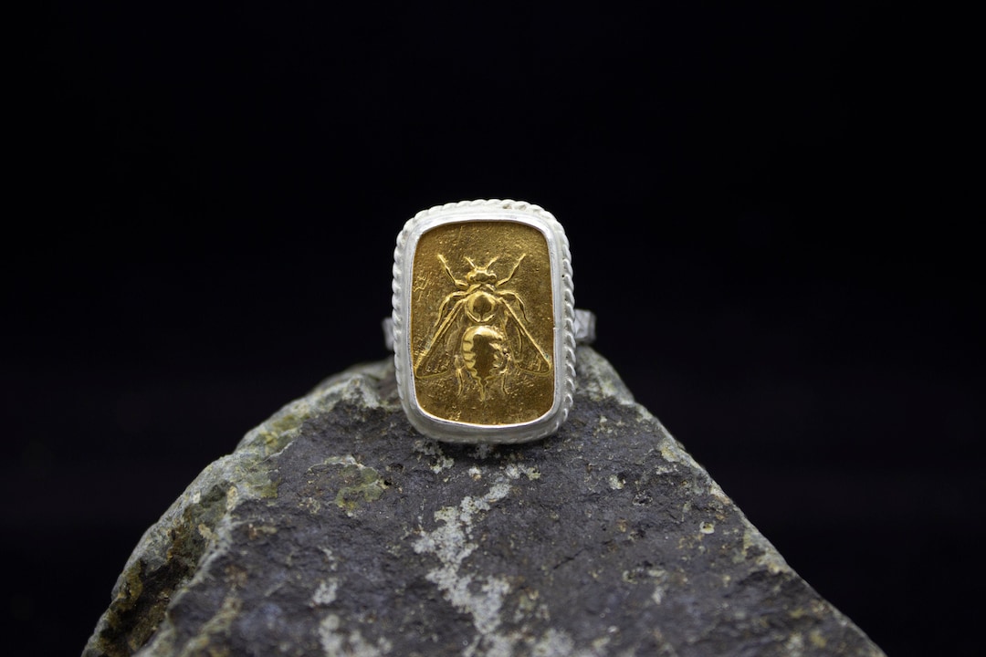 Ancient Roman Art Bee Signed Coin Two Tone Ring 24K Gold Plated 925 ...