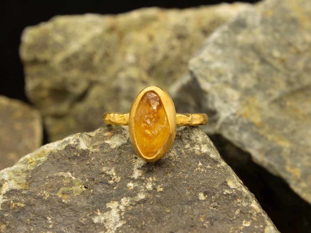 Natural Raw Citrine Stone Ring Handcrafted Hammered 24K Gold Plated 925 ...