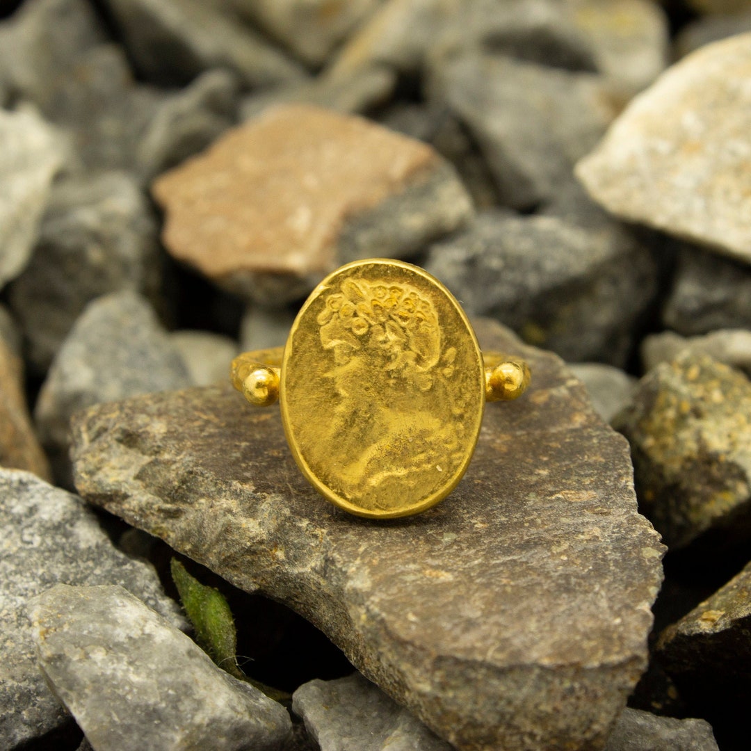 Ancient Roman Greek Art Signed Coin Ring 24K Gold Plated 925 Sterling ...