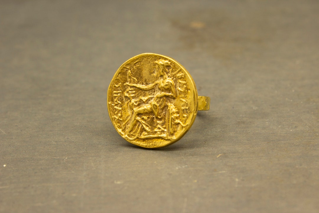Ancient Greek Art Signed Coin Ring 24K Gold Plated 925 Sterling Silver ...