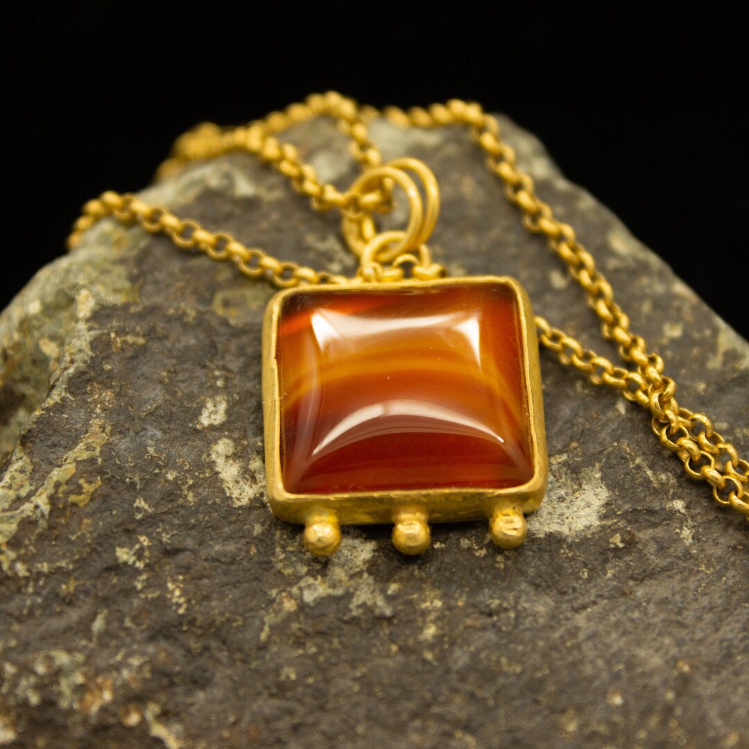 Ancient Art Natural Agate Stone Necklace 925 Sterling Silver 24K Gold ...