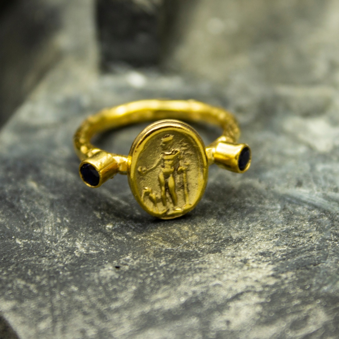 Ancient Greek Man Coin Signet Ring | 24K Gold Plated 925 Sterling ...