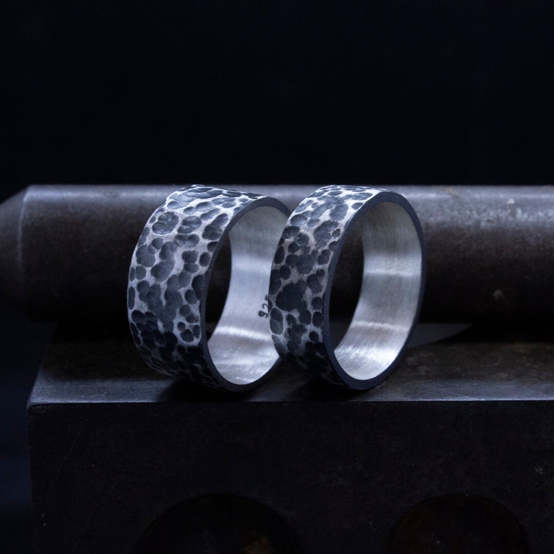 Hammered Spotted Matching Wedding Rings 925 Sterling Silver Men Women ...