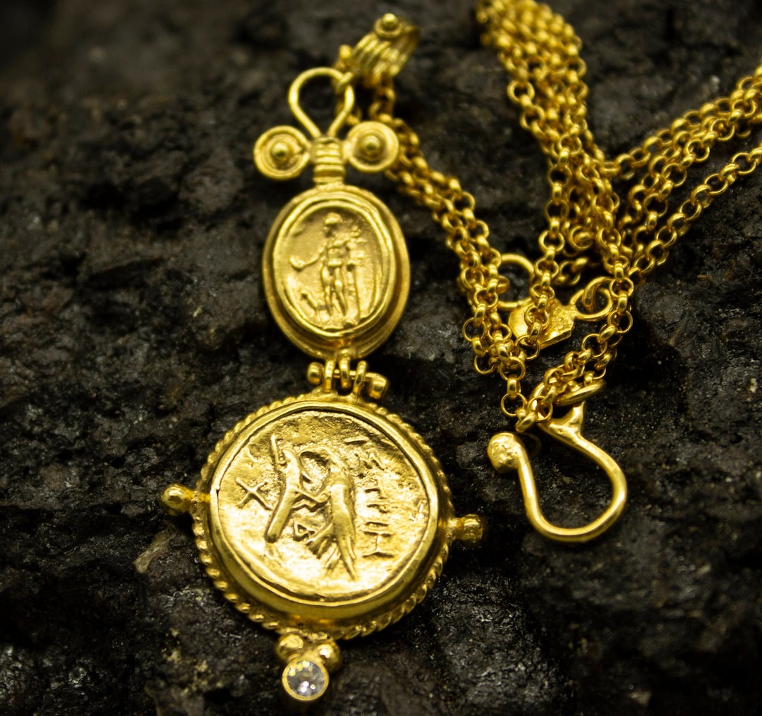 Granulated Double Coin Necklace 925 Sterling Silver 24K Gold Plated ...