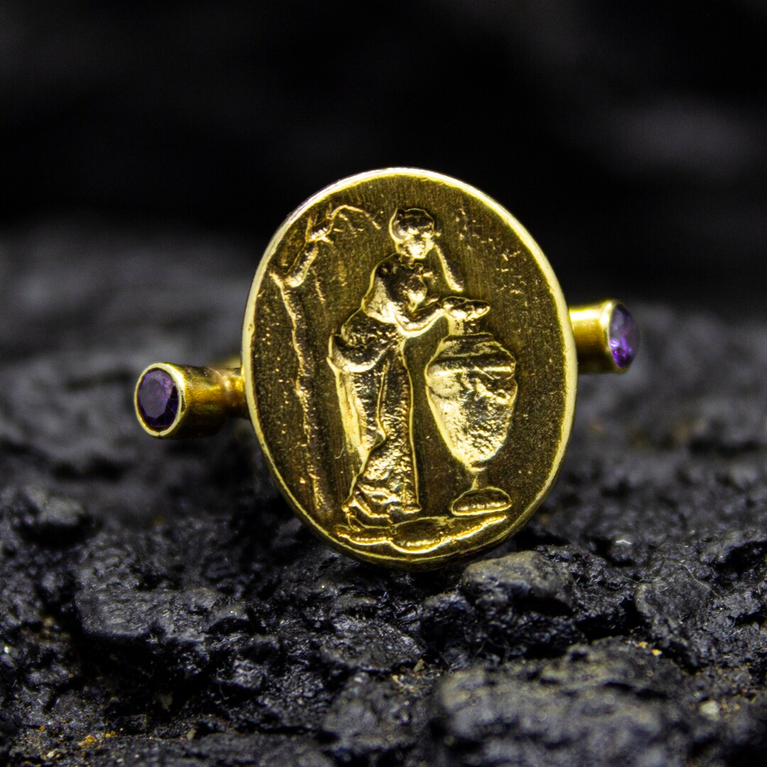 Ancient Greek Woman Coin Signet Ring | 24K Gold Plated 925 Sterling ...