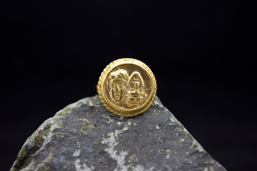 Ancient Roman Art Two Face Signed Coin Ring 24K Gold Plated 925 ...