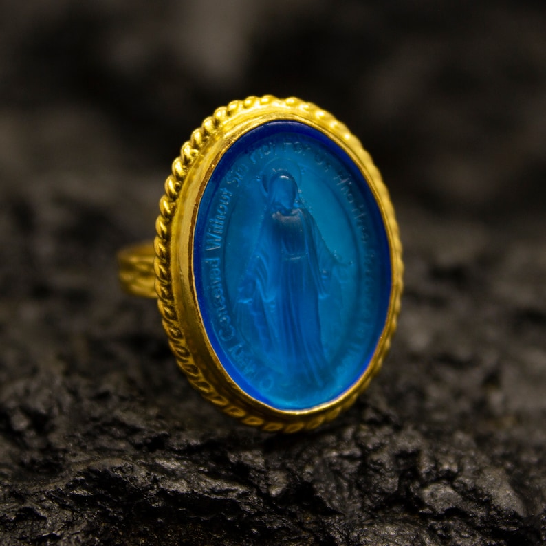 Virgin Mary Blue Intaglio Gold Ring | 24K Gold Plated 925 Sterling ...