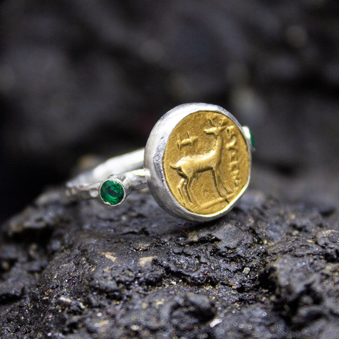 Artemis Ancient Mythology Deer Coin Ring | 24K Gold Plated 925 Sterling ...