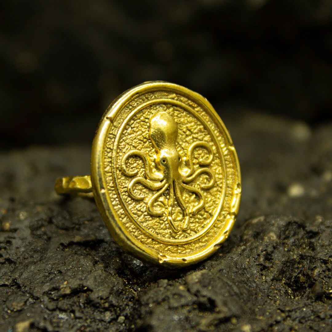 Ancient Octopus Gold Signet Ring | 925 Sterling Silver 24K Gold Plated ...