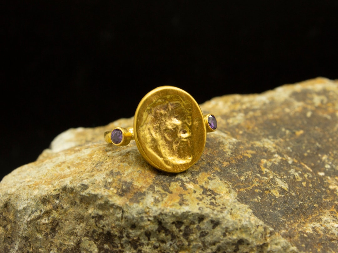 Ancient Roman Greek Art Signed Coin Ring 24K Gold Plated 925 Sterling ...