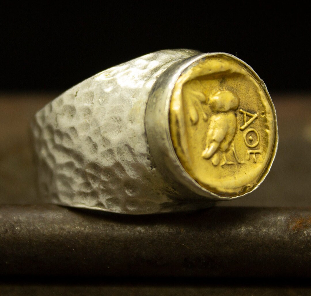 Owl Coin Ring Two Tone Signet Ring Ancient Roman Art 24K Gold Plated ...