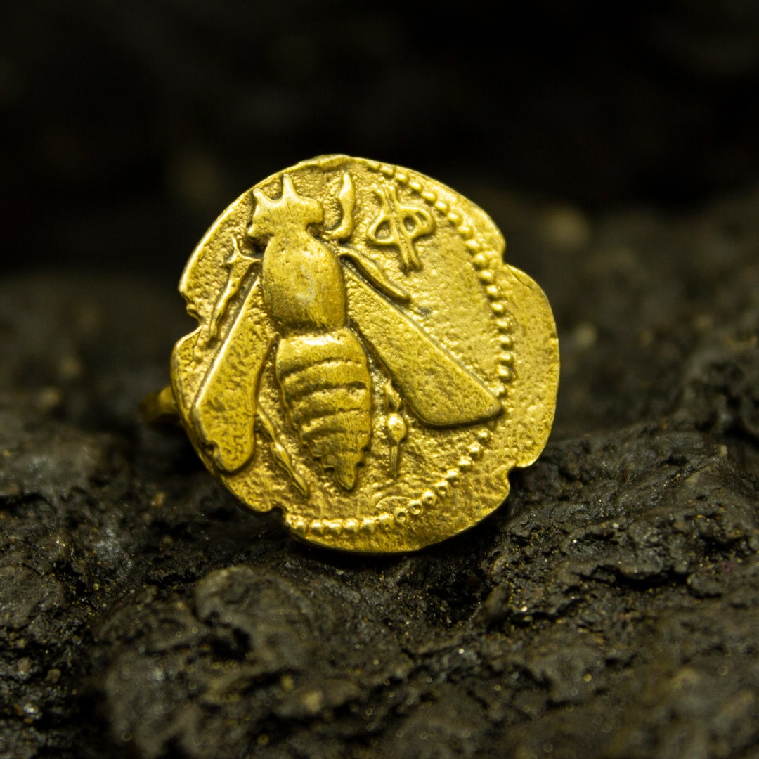 Greek Coin Honey Bee Signet Ring | 24K Gold Plated 925 Sterling Silver ...