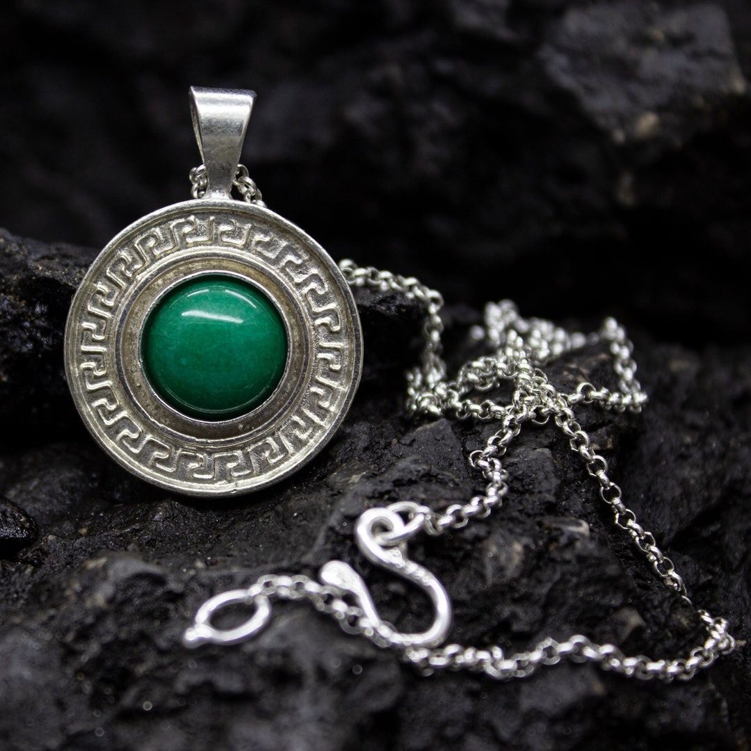 Ancient Greek Meander Green Jade Pendant | 925 Sterling Silver 24K Gold ...