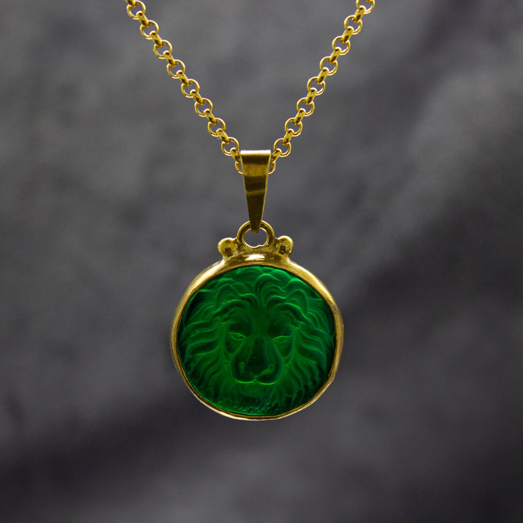 Lion Intaglio Green Glass Necklace | 925 Sterling Silver | Ancient ...