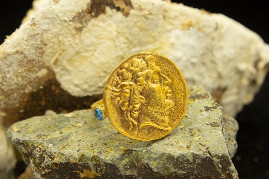 Ancient Roman Greek Art Signed Coin Ring 24K Gold Plated 925 Sterling ...