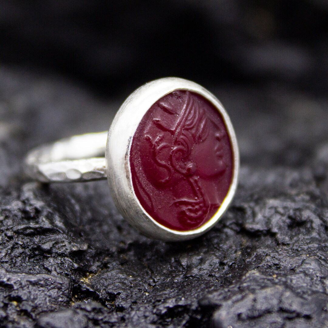 Goddess Athena Red Intaglio Glass Ring | 925 Sterling Silver | Ancient ...