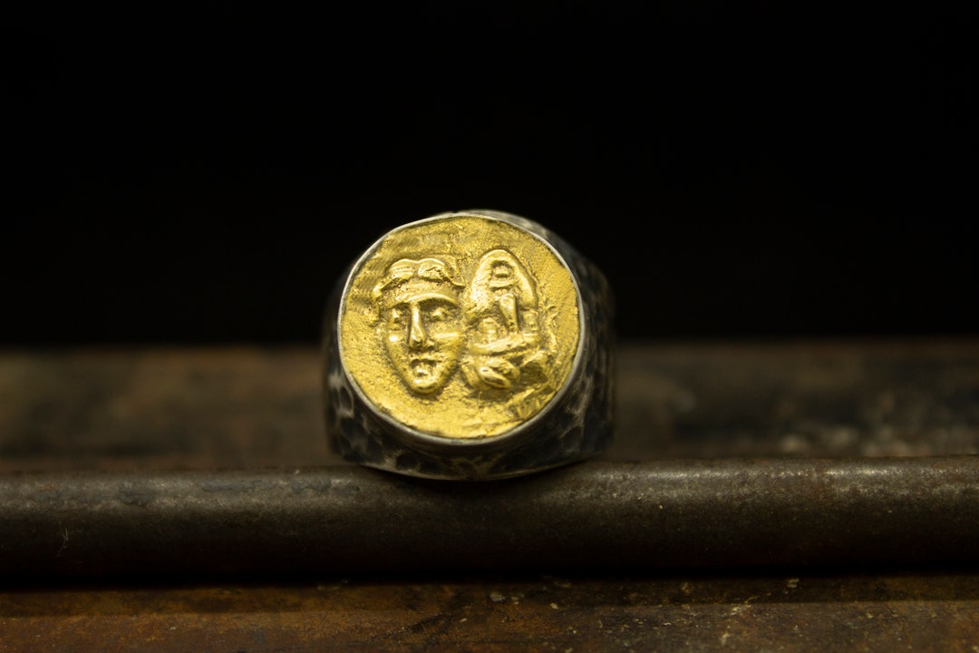 Double Face Greek Signet Coin Ring | 24K Gold Plated 925 Sterling ...