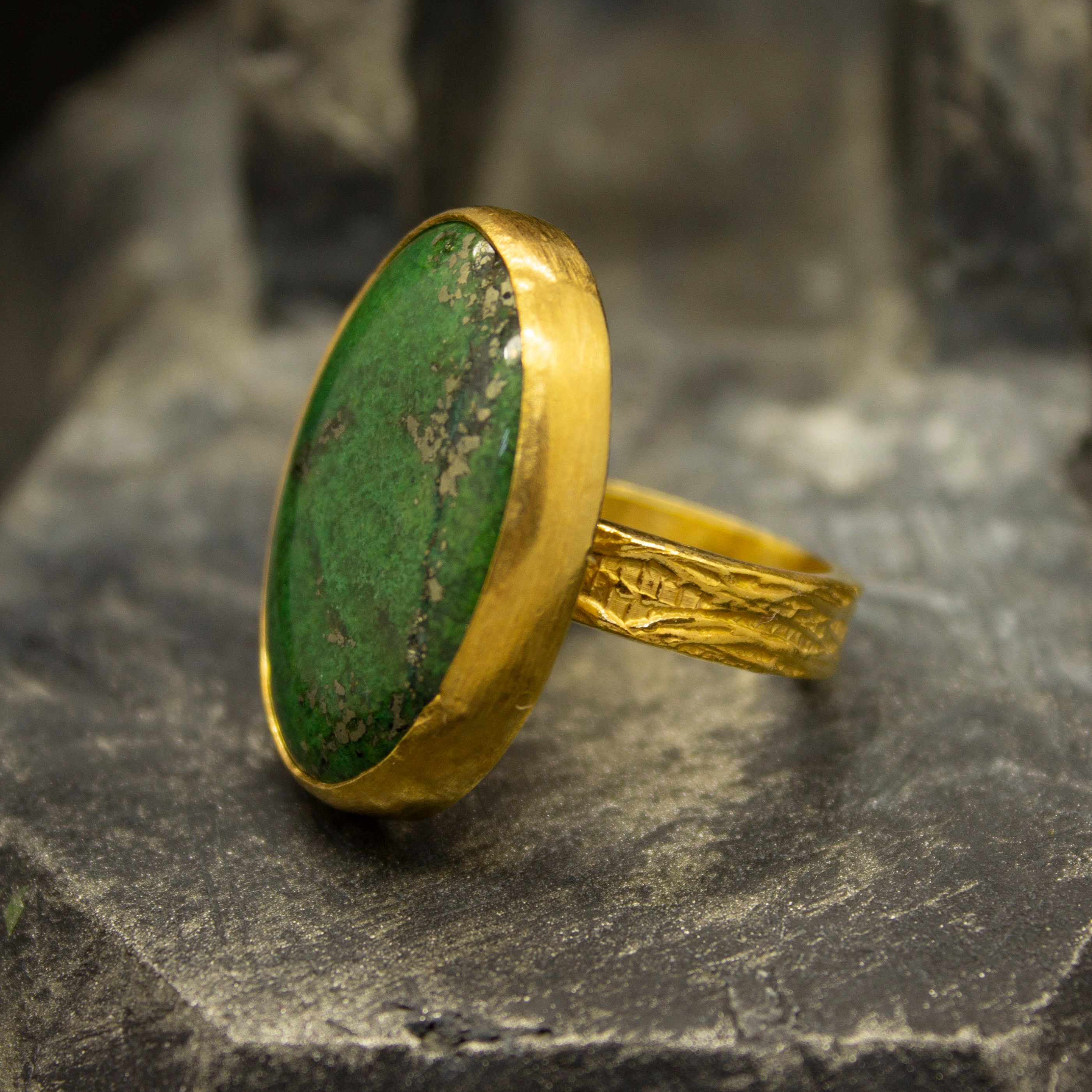 Green Lapis Lazuli Ring 24K Gold Plated Tree Bark Handmade - Etsy
