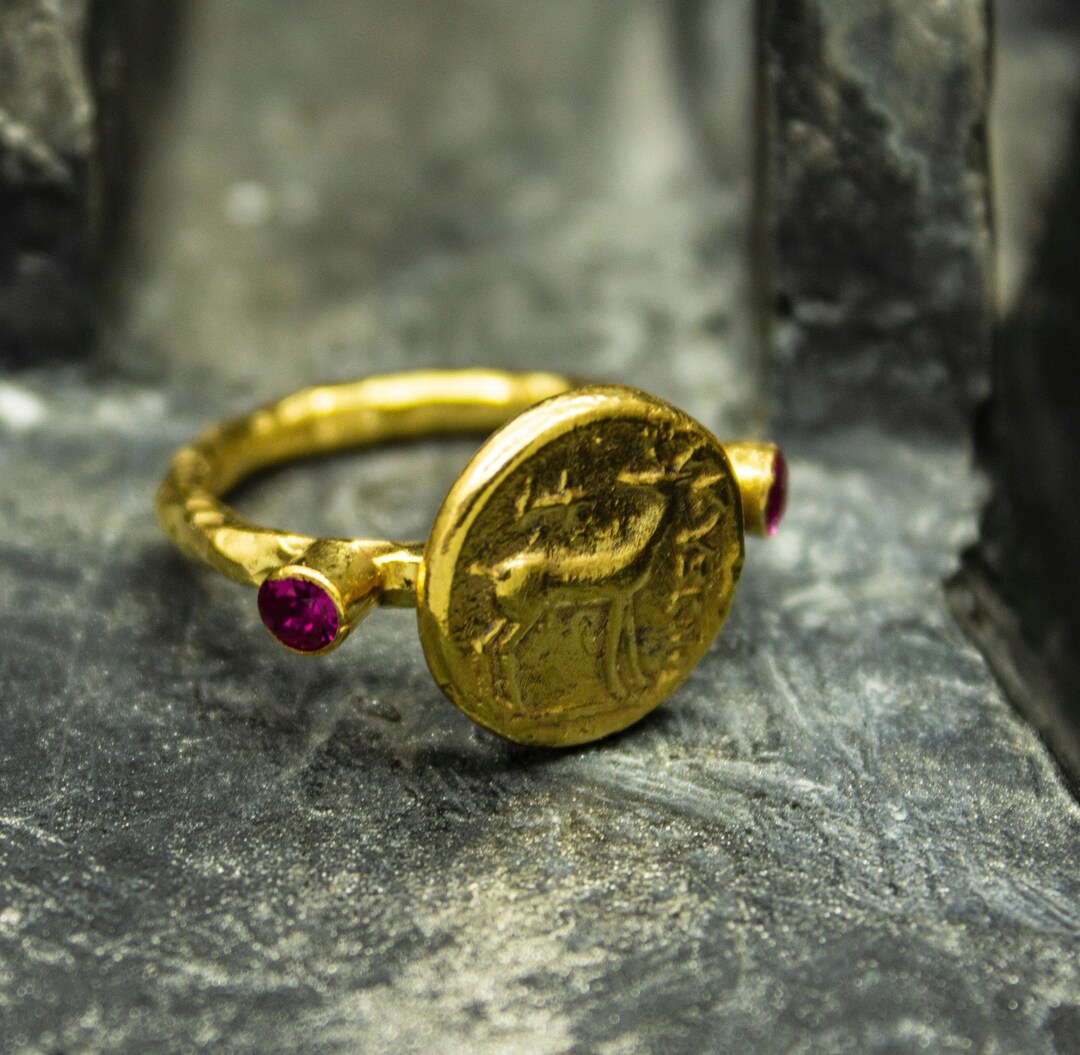 Artemis Ancient Deer Coin Ring | 24K Gold Plated 925 Sterling Silver ...