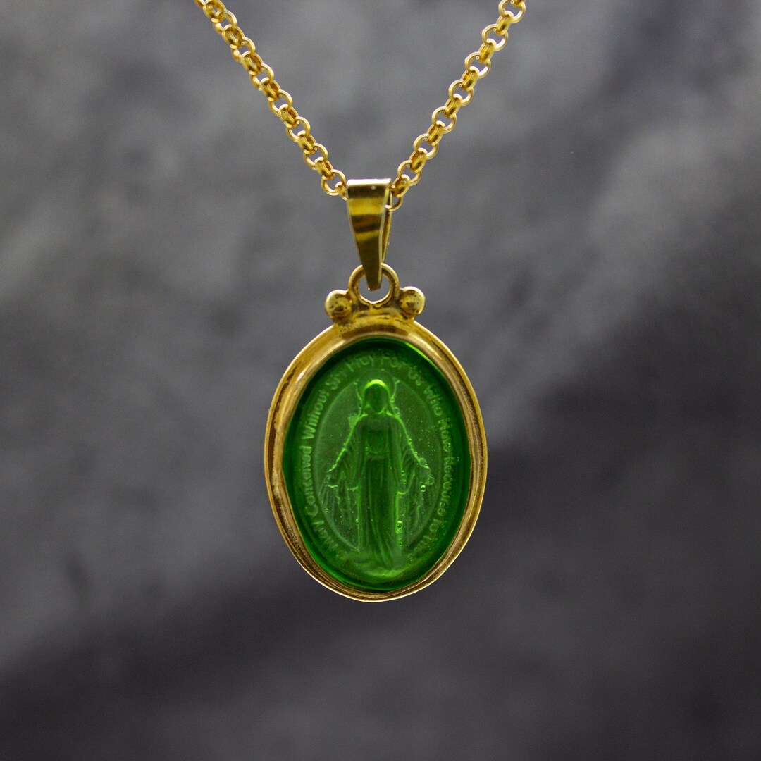 Virgin Mary Intaglio Green Glass Necklace | 925 Sterling Silver ...