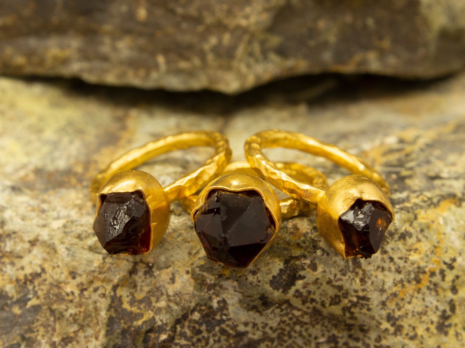 Set of Three Raw Garnet Stone Ring Handcrafted Hammered 24K Gold Plated ...