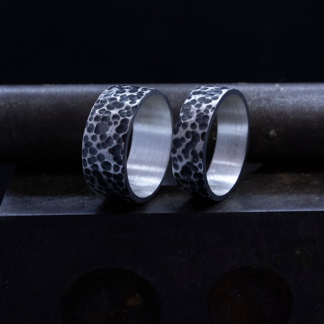 Hammered Spotted Matching Wedding Rings 925 Sterling Silver Men Women ...