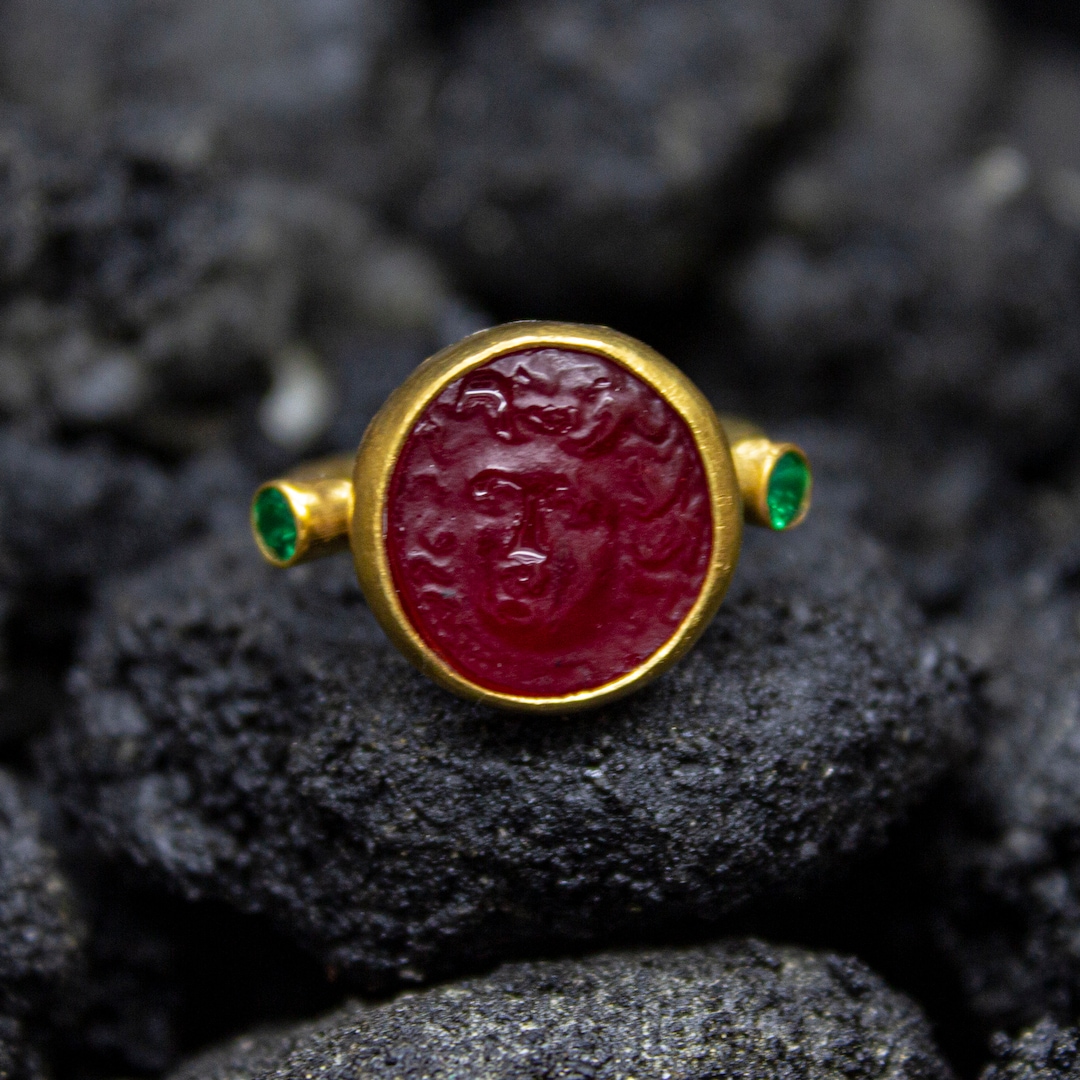 Intaglio Glass Greek Medusa Gold Ring | 925 Sterling Silver | Ancient ...