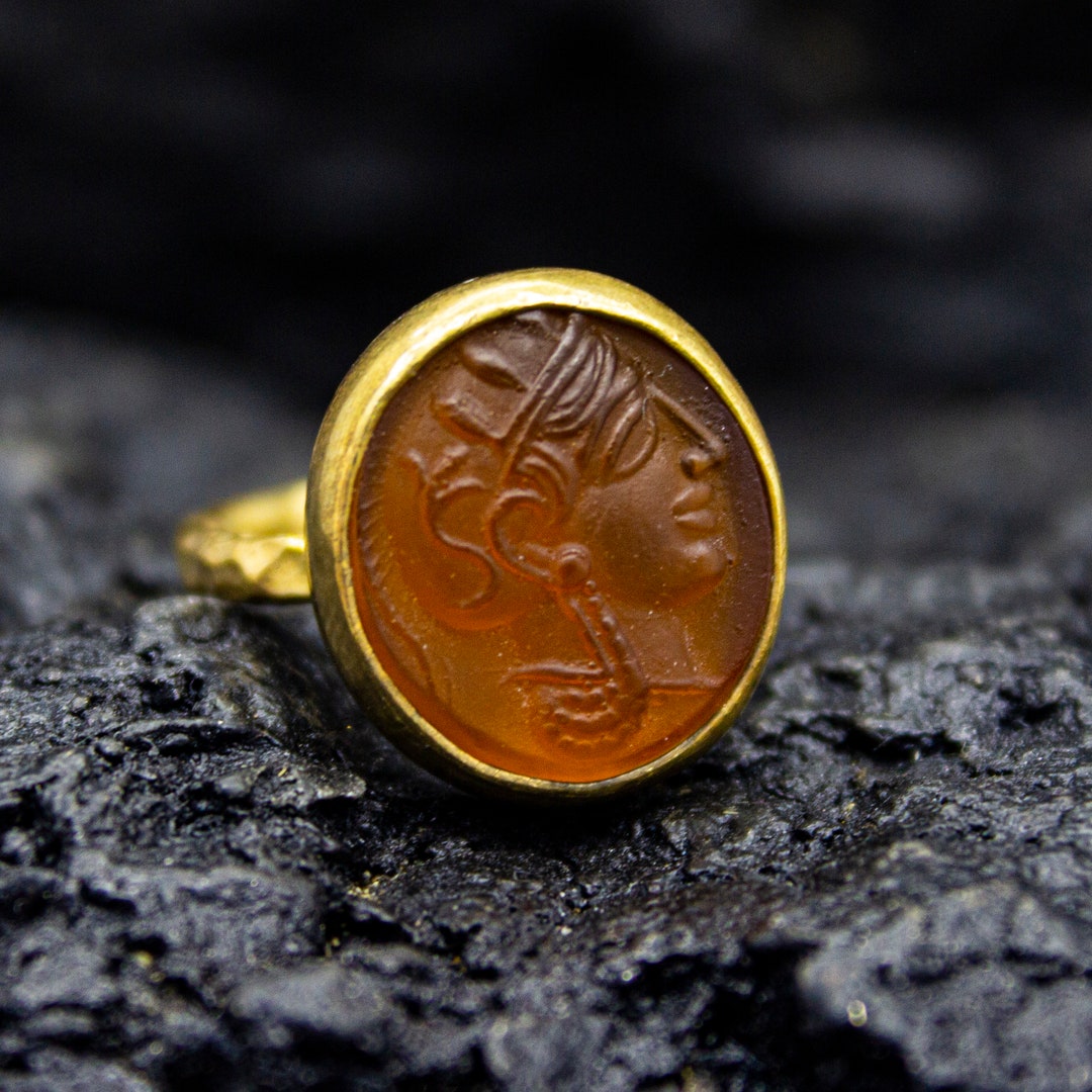 Ancient Greek Goddess Athena Intaglio Glass Ring | 925 Sterling Silver ...