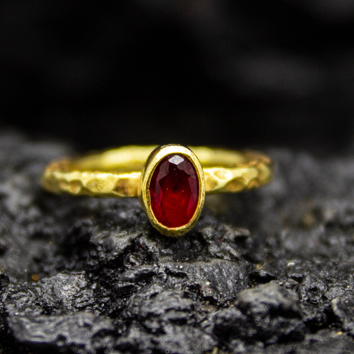 Tiny Gold Ruby Hammered Ring | Handmade Stackable Ring | 925 Silver 24K ...