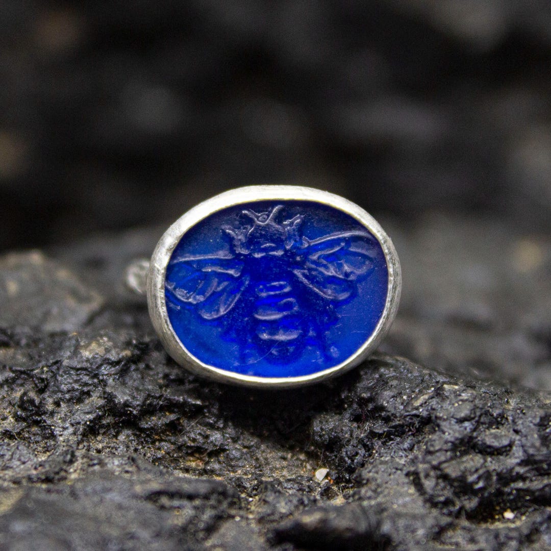 Roman Bee Intaglio Blue Glass Gold Ring | 925 Sterling Silver | Ancient ...
