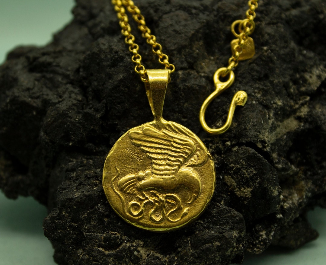 Ancient Art Hawk Signed Coin Pendant | 925 Sterling Silver 24K Gold ...